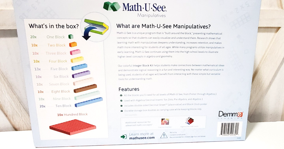 Math U See Manipulatives Integer Block kit Plus Algebra Decimal insert ...