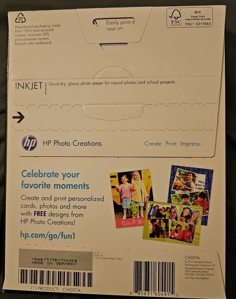 HP Genuine Everyday Photo Paper (60 Sheets per pkg) 5x7 Glossy CH097A ...