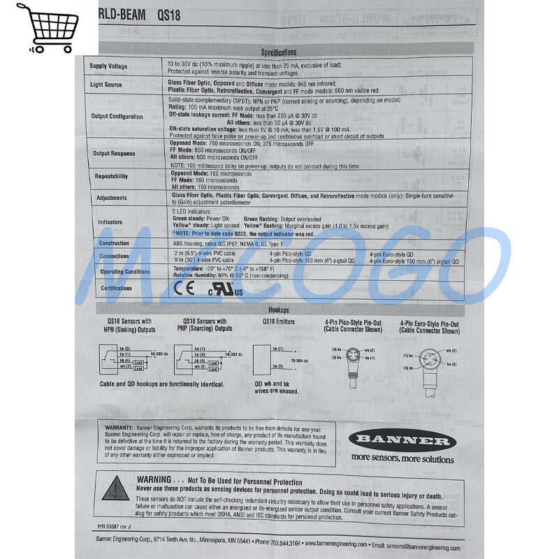 Banner QS18VP6D Engineering Corp Photoelectric Switch Sensor 10-30VDC ...