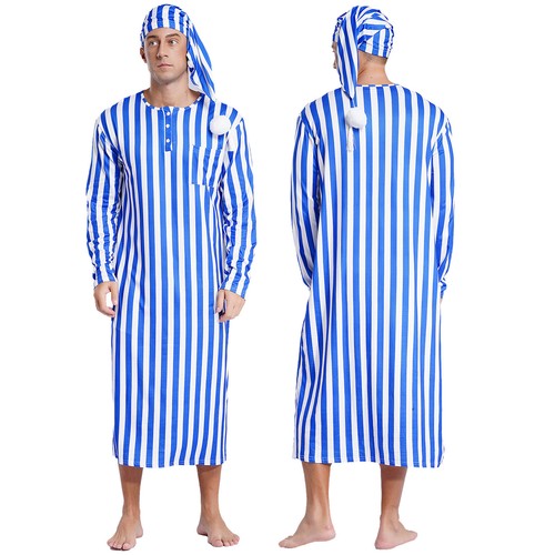 Mens Striped Sleepwear Long Sleeve Nightshirt Night Pajama Set with ...