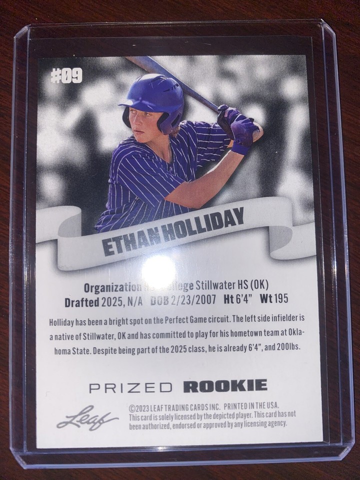 ETHAN HOLLIDAY OKLAHOMA STATE 2023 LEAF "PRIZED ROOKIE" #09 ROOKIE CARD ...
