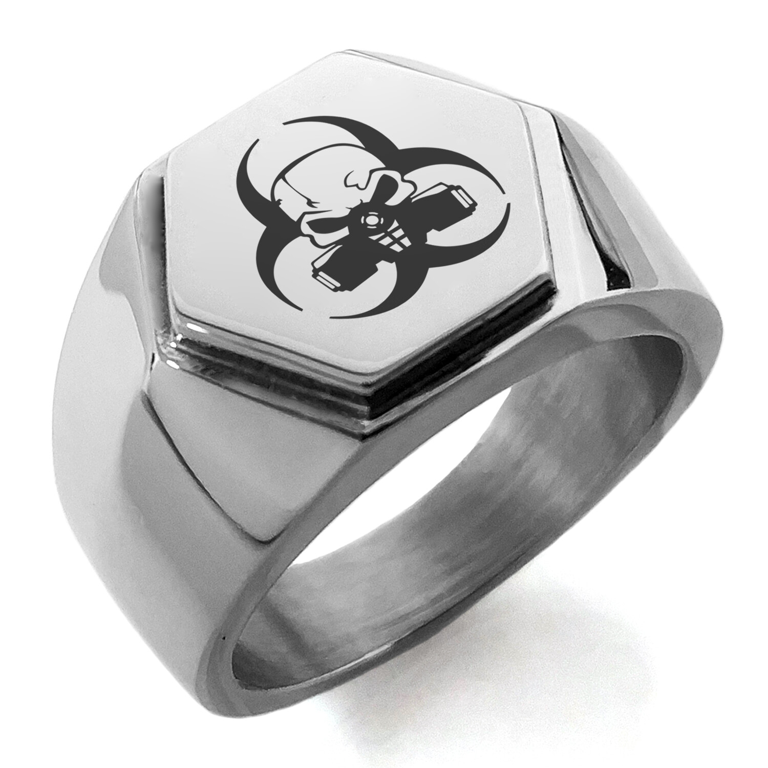Stainless Steel Biohazard Skull Symbol Mens Hexagon Crest Signet Ring ...