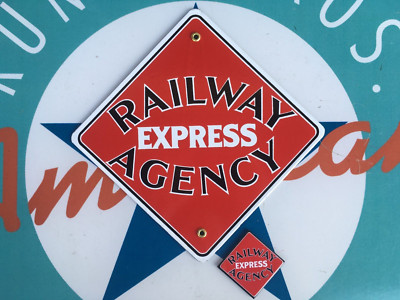 RAILWAY EXPRESS AGENCY railroad 18-gauge steel PORCELAIN sign INCLUDES ...