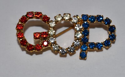 VINTAGE PATRIOTIC GOP PIN BROOCH GOLD METAL RHINESTONES RED WHITE BLUE ...