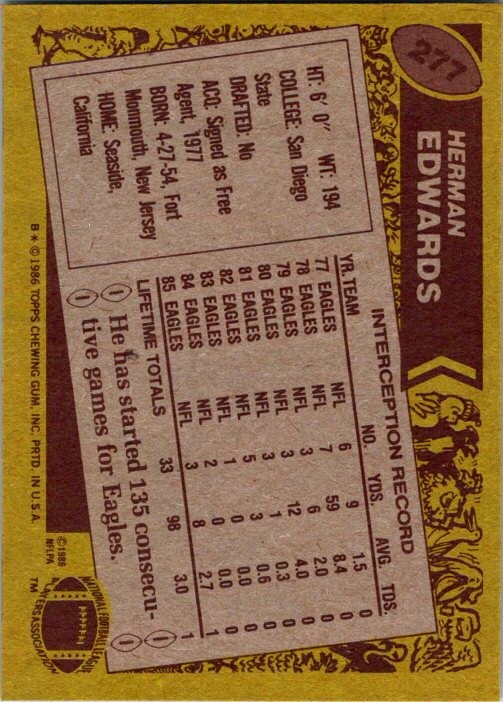1986 Topps #277 Herman Edwards Football card 2V | eBay