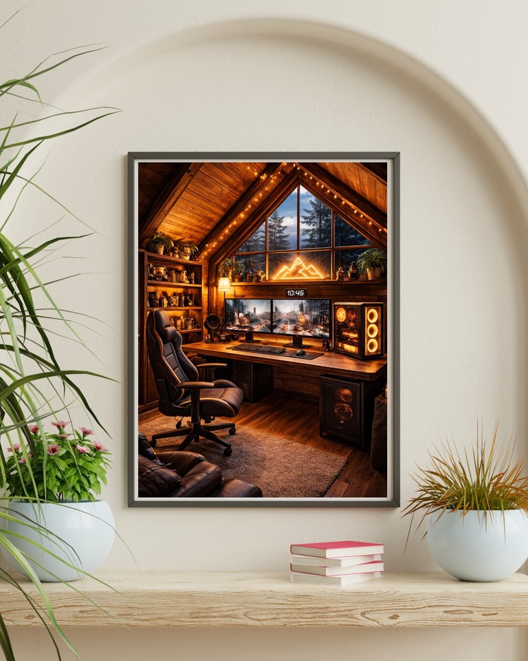 Cozy Loft Gaming Room Wall Art – Warm Cabin Setup | Gaming Decor ...
