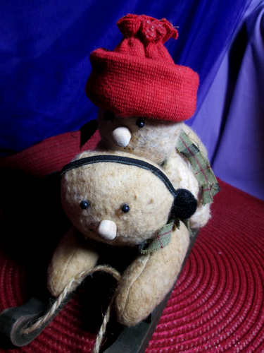 Vtg Primitive Folk Art Snowman Piggy Back Sledding Tea Stained Batting ...