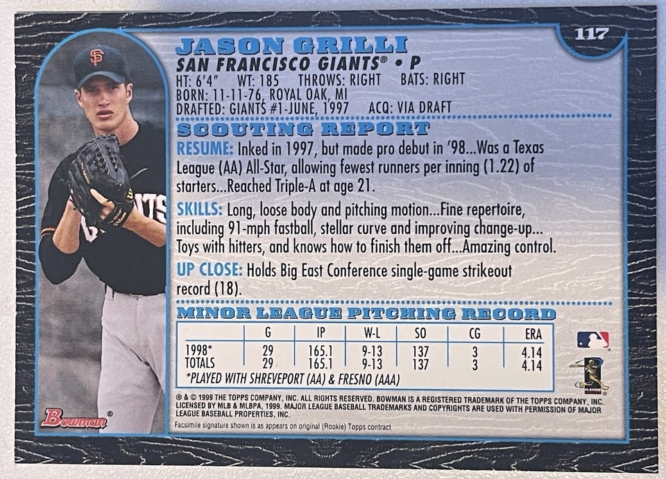1999 Bowman Jason Grilli #117 San Francisco Giants Baseball Card | eBay