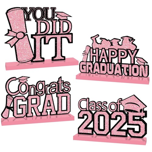 4Pcs Pink Graduation Decorations Class of 2025 Congrats Grad Wooden ...