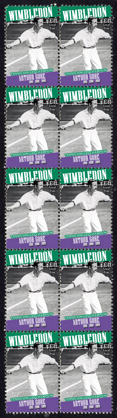 ARTHUR GORE 3x MENS WIMBLEDON TENNIS CHAMPION STRIP OF 10 MINT STAMPS ...