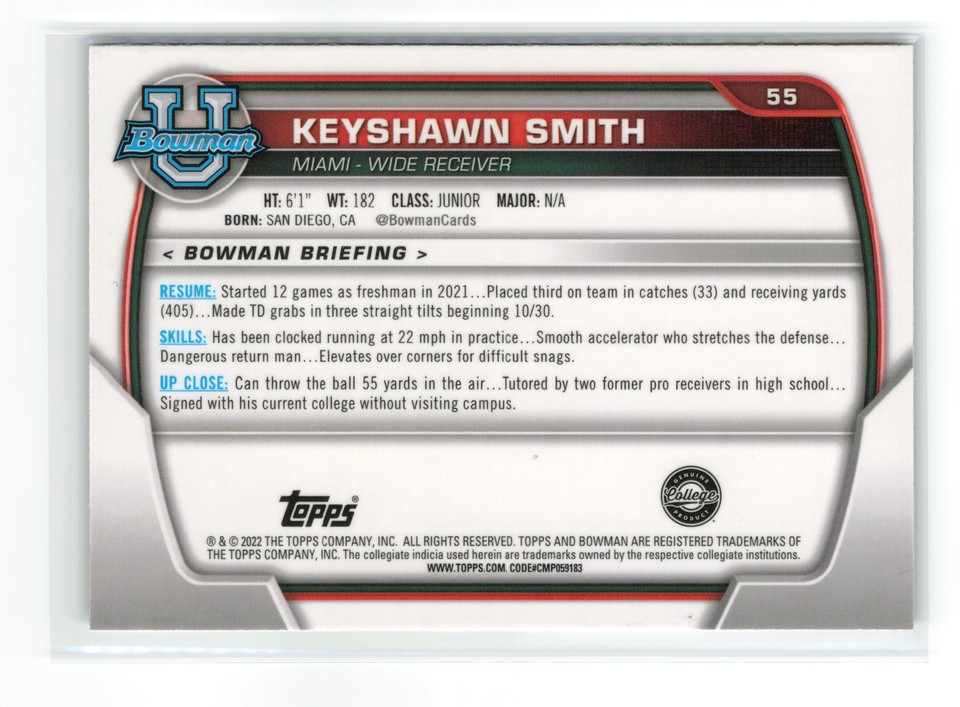 Keyshawn Smith #55 1st 2022 Bowman University | eBay