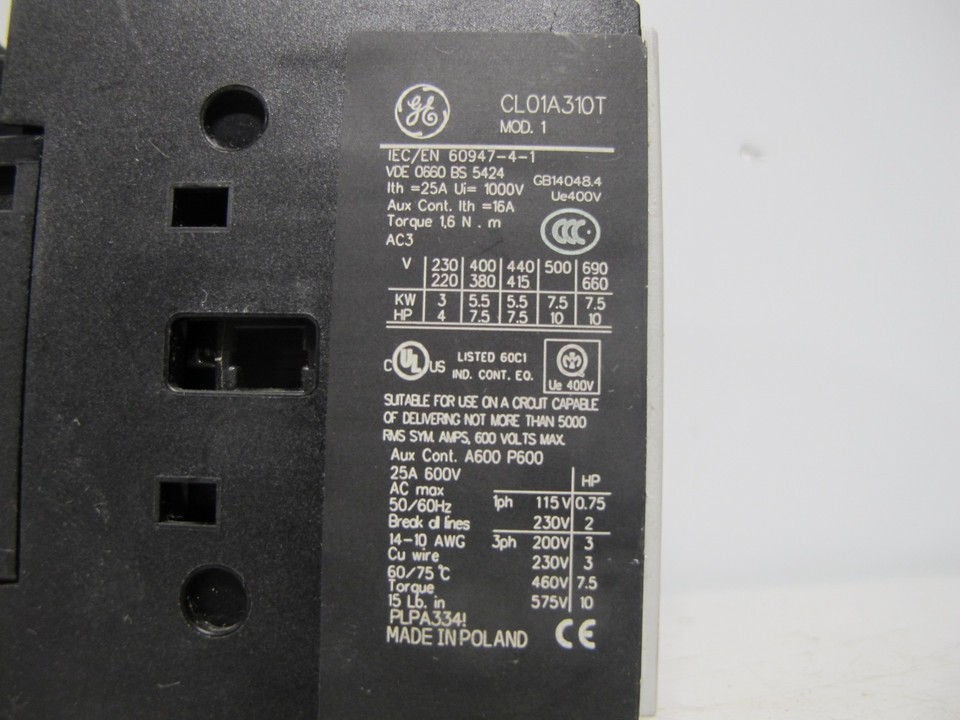 General Electric CL01A310T CL01 10E AC Contactor GE 25 Amp 600 V AC 3 ...