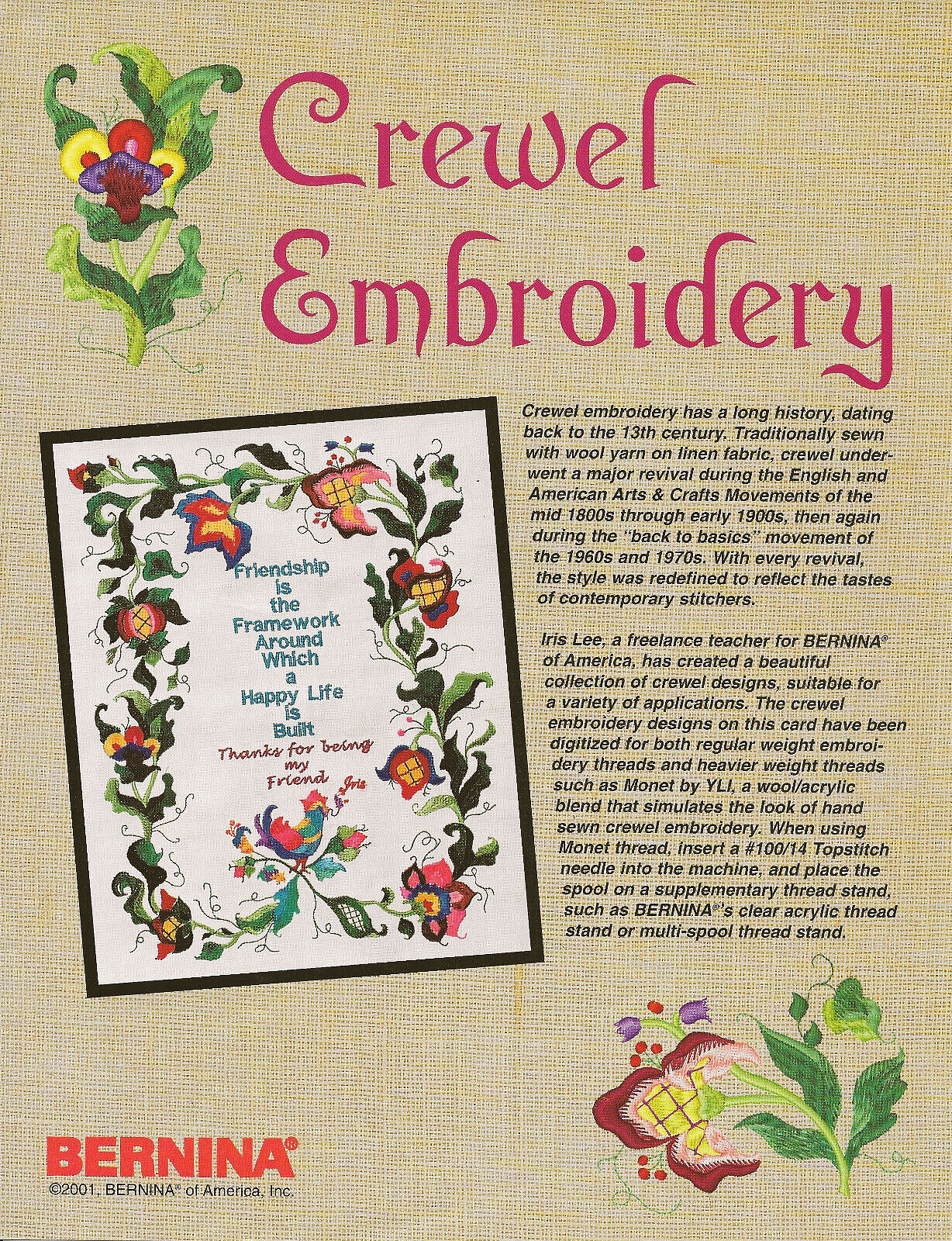 CREWEL EMBROIDERY #150 Embroidery Card - Bern. Deco, Brother, Baby Lock ...