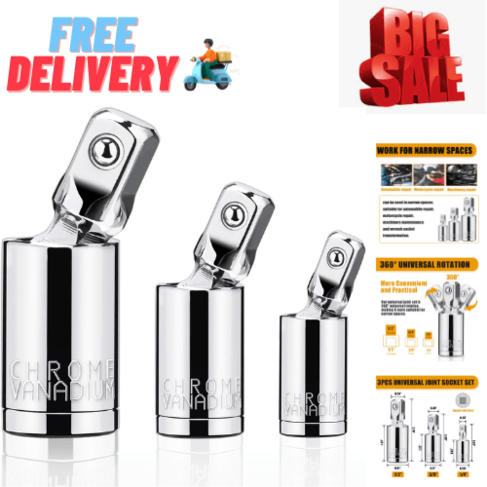 3PCS Impact Universal Joint Swivel Socket Adapter Set 1/4" 3/8” 1/2 ...