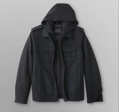 Men's Winter heavy quilted black Wool Blend Hooded jacket overcoat size ...