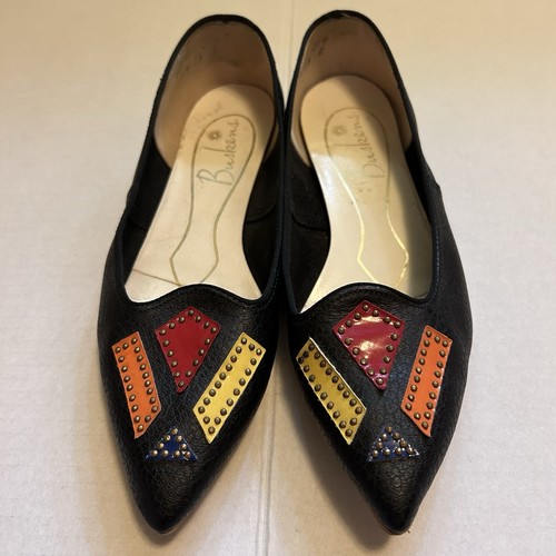 Vintage Buskens Black Studded Leather Geometric Print Flats Pointed Toe ...