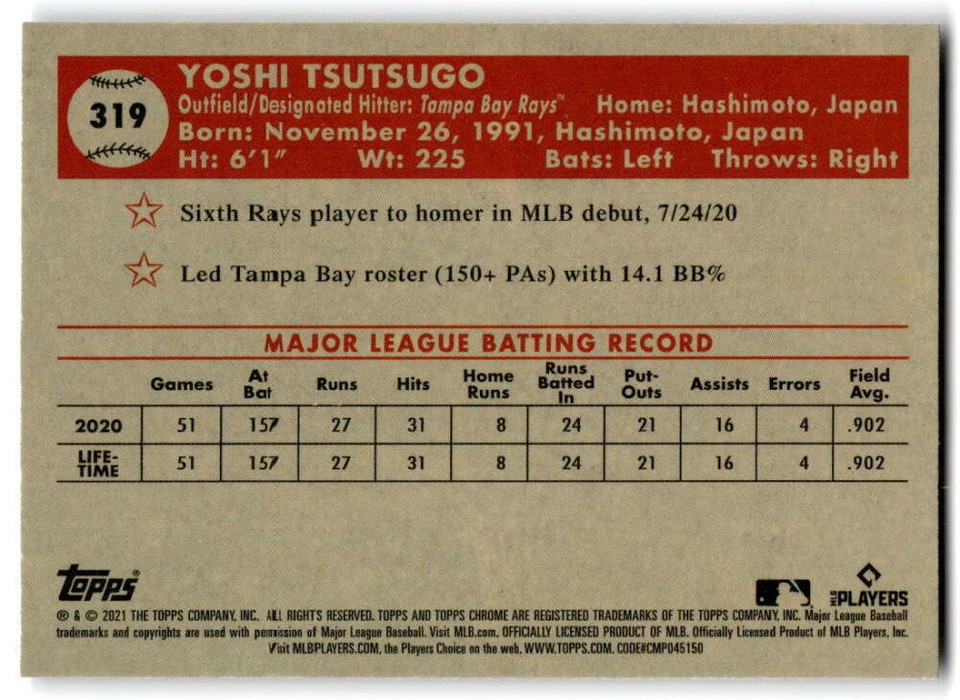 2021 Topps Chrome Platinum Anniversary #319 Yoshi Tsutsugo Tampa Bay Rays | eBay