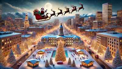 Festive Christmas scene Landmarks Ai Denver, Colorado Santa POSTER 24 X ...