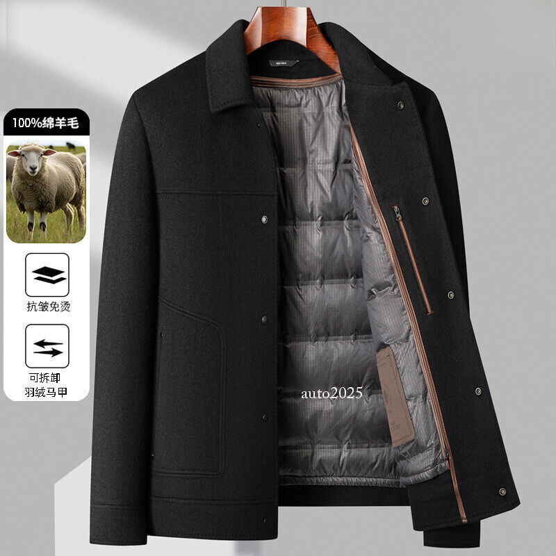 100% Sheep Wool Jacket Short Mens New Winter Thickened Down Lining ...