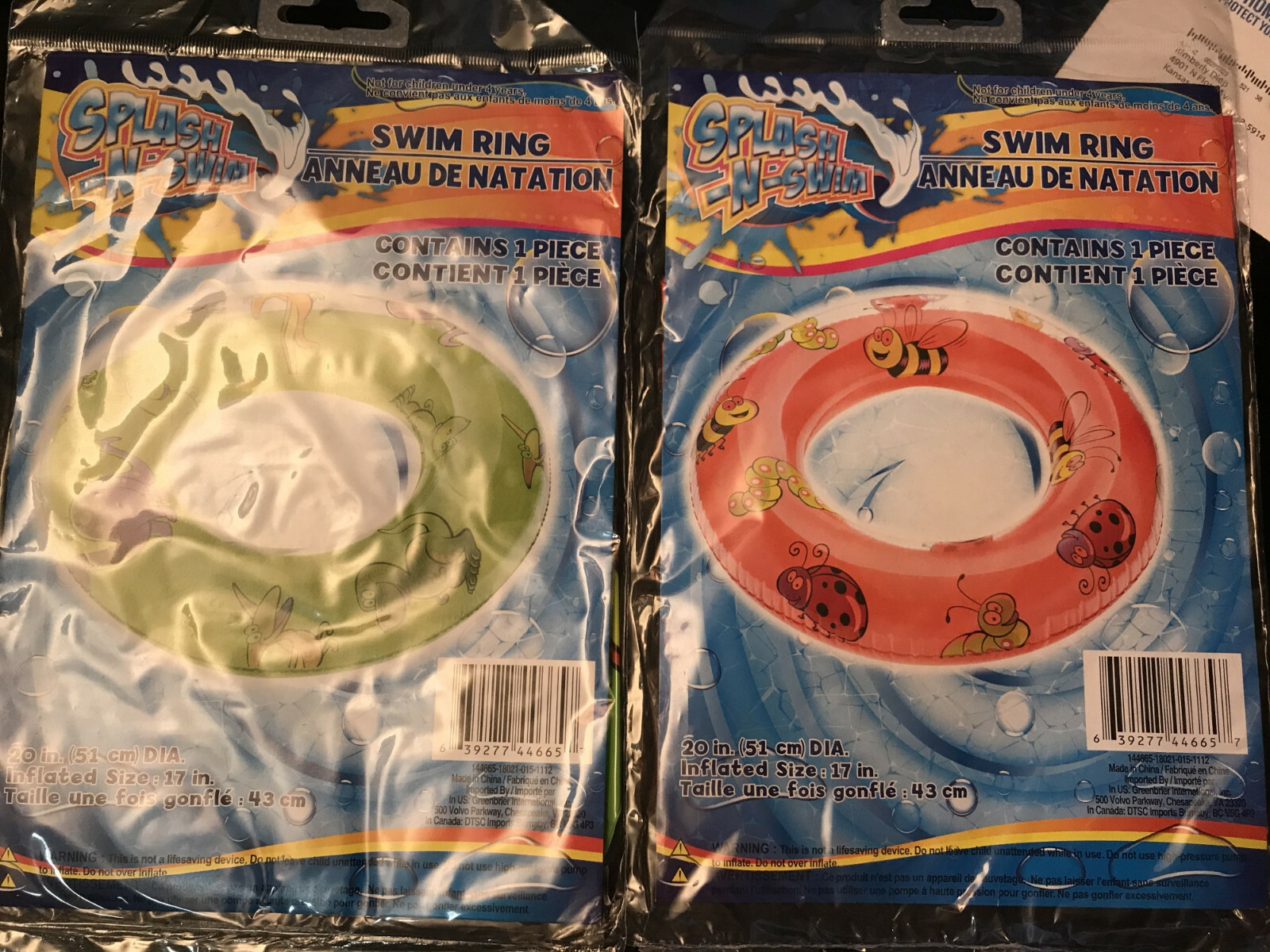 SPLASH 'N SWIM Set of 2 Inflatable 20'' Swim Rings Red & Green BRAND ...