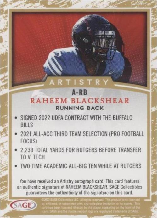 2022 SAGE Artistry Raheem Blackshear #A-RB for sale | eBay