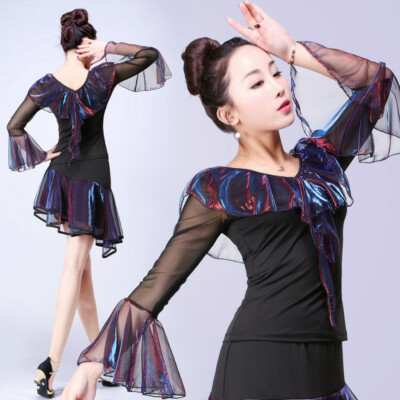Lady Glitter Ruffle Shirt Blouse Top Mesh Flare Sleeve Latin Ballroom ...