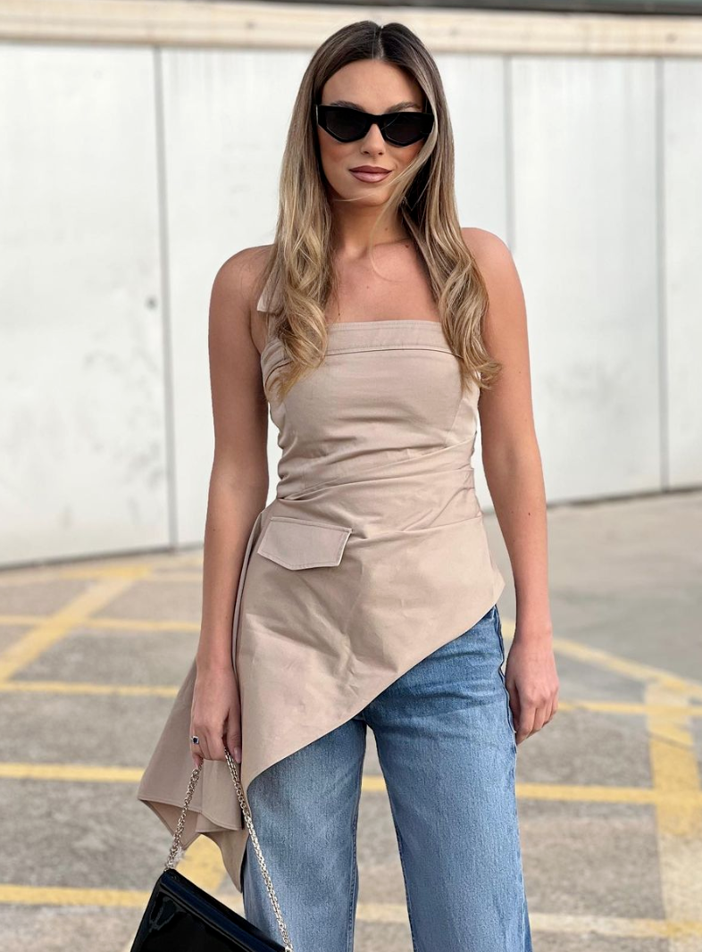 ZARA NEW BEIGE ASYMMETRIC GABARDINE TOP WITH BUCKLE SIZE S REF. 3067/ ...