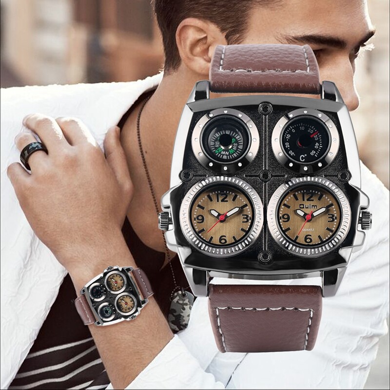 Oulm Men's Watch Two Time Zone Quartz Leather Strap Wristwatch Relogio ...