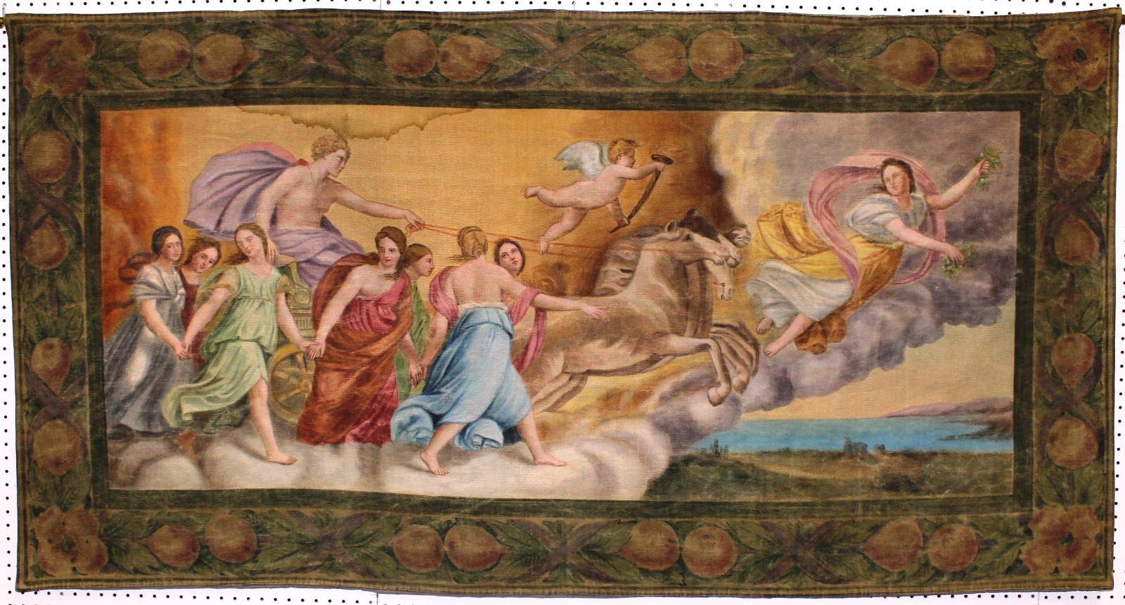 ANTIQUE-ITALIAN Painted Tapestry Aurora C1850 Flying Chariot & Angels ...