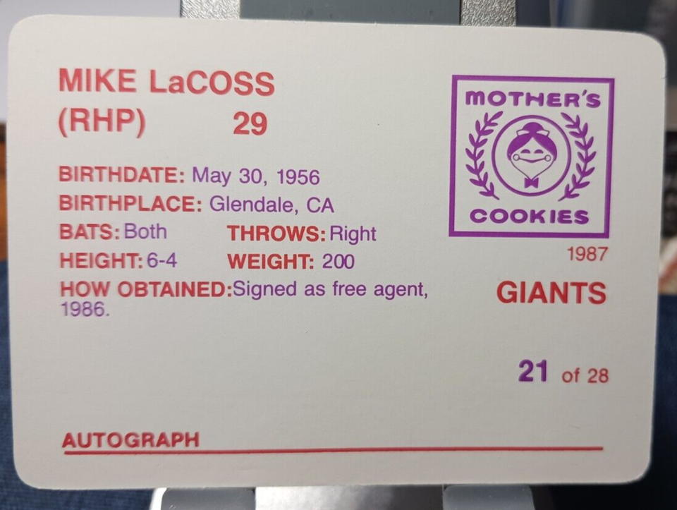 1987 Mother's Cookies Baseball Card of Mike La Coss #21 (NM) Free ...