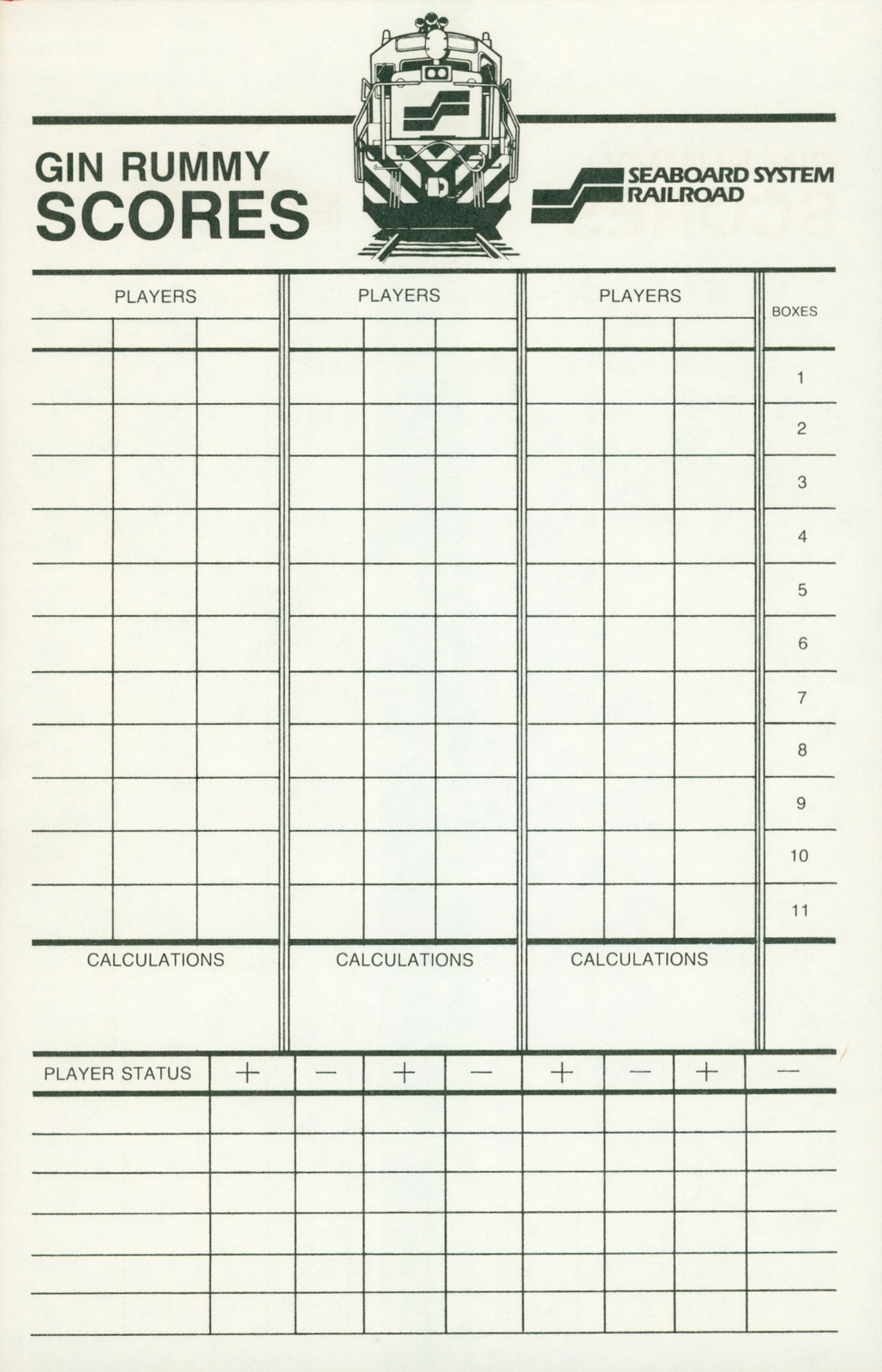 c1982 Seaboard System Railroad On-Board Gin Rummy Score Sheet Train ...