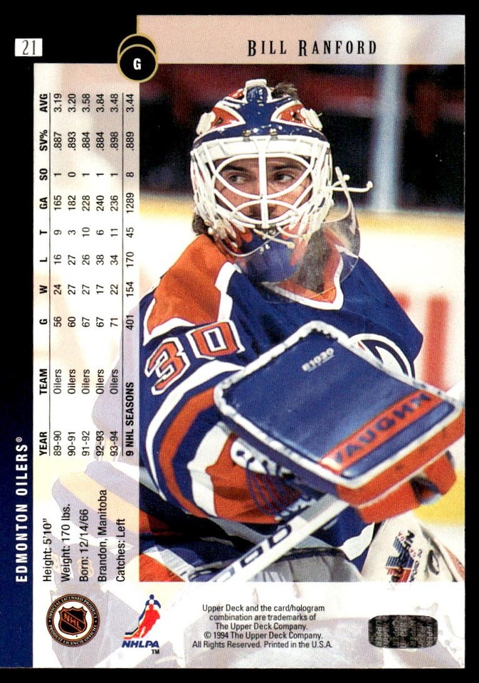 1994-95 Upper Deck #21 Bill Ranford Edmonton Oilers Hockey Card | eBay