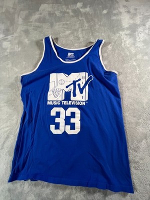 MTV Tank top Mens Shirt Size Large Blue and White 33 Sleeveless Music ...