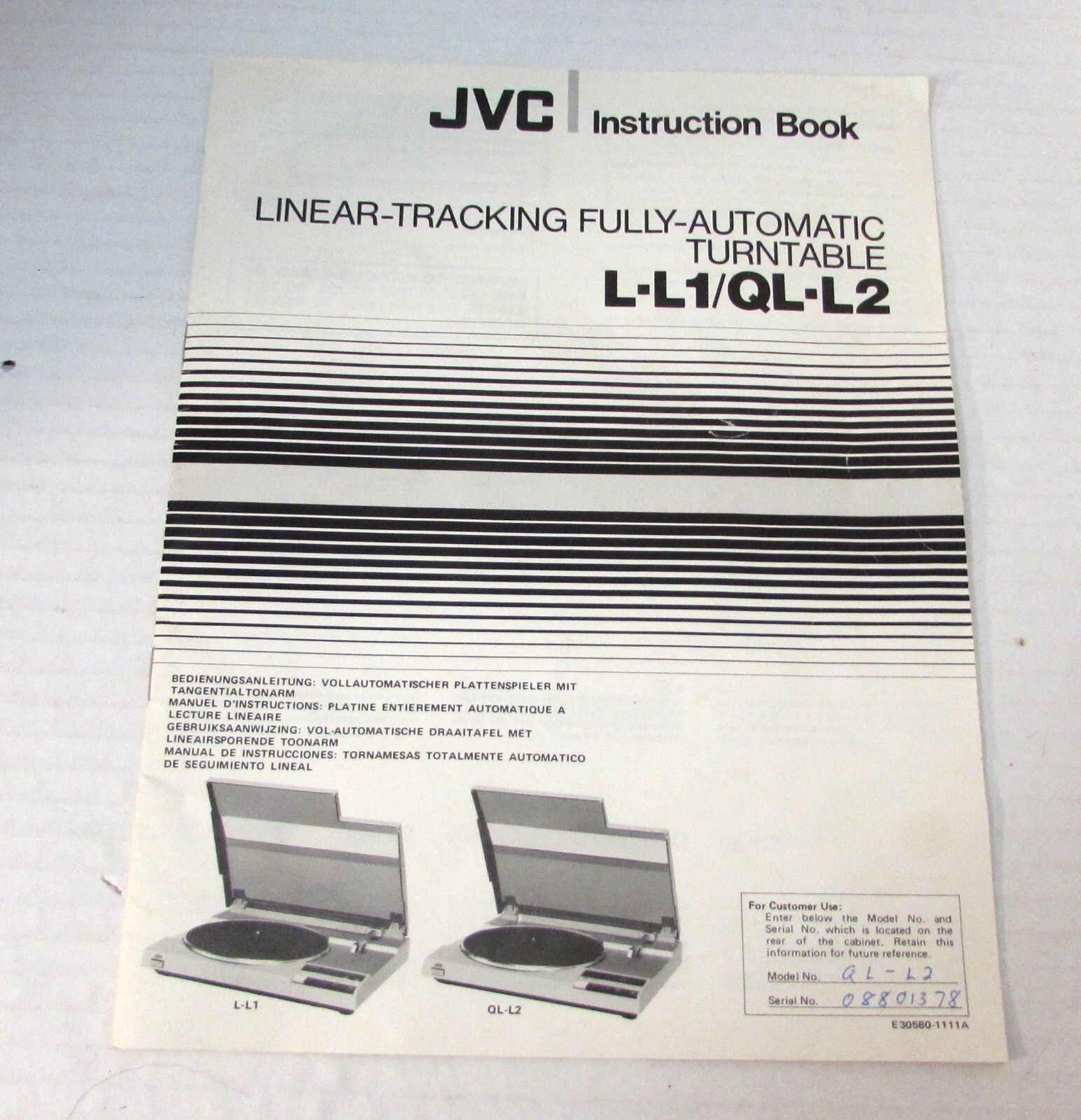 Original Vintage JVC Instruction Book For L-L1/QL-L2 Linear Tracking ...