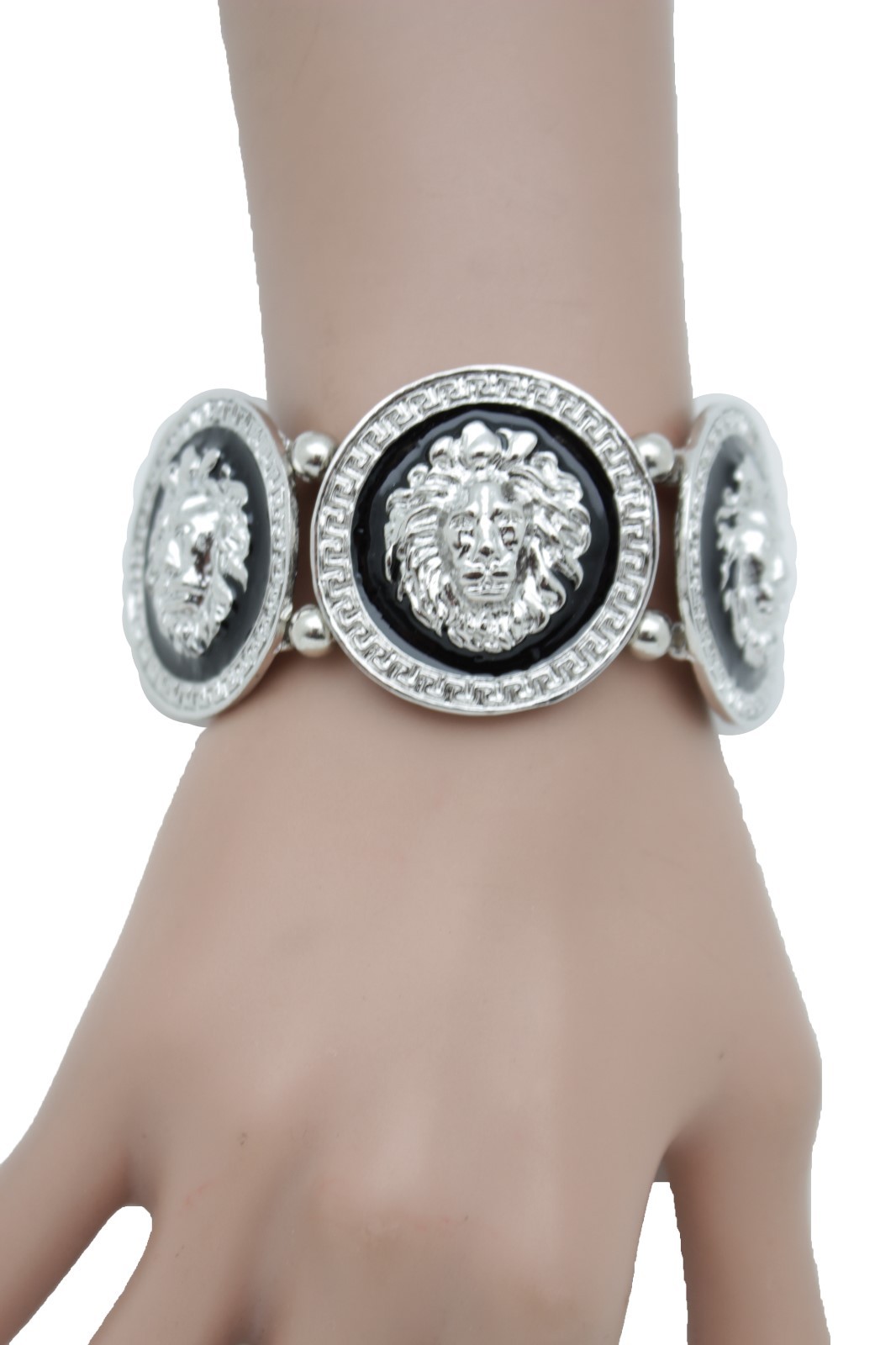 Women Silver Metal Round Lion Charm Circle Elastic Band Fashion Jewelry ...