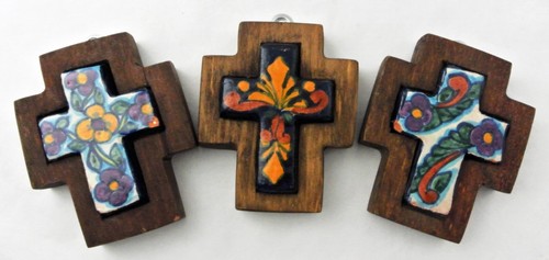 Mexican Talavera IMAP Era Cross Crucifix's Hand Painted Tile & Wood 3 ...