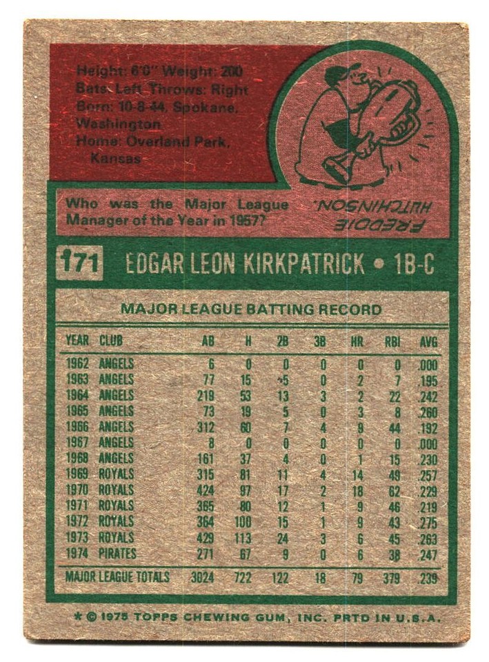 1975 Topps #171 Ed Kirkpatrick - Pittsburgh Pirates - EXMT - ID092 | eBay