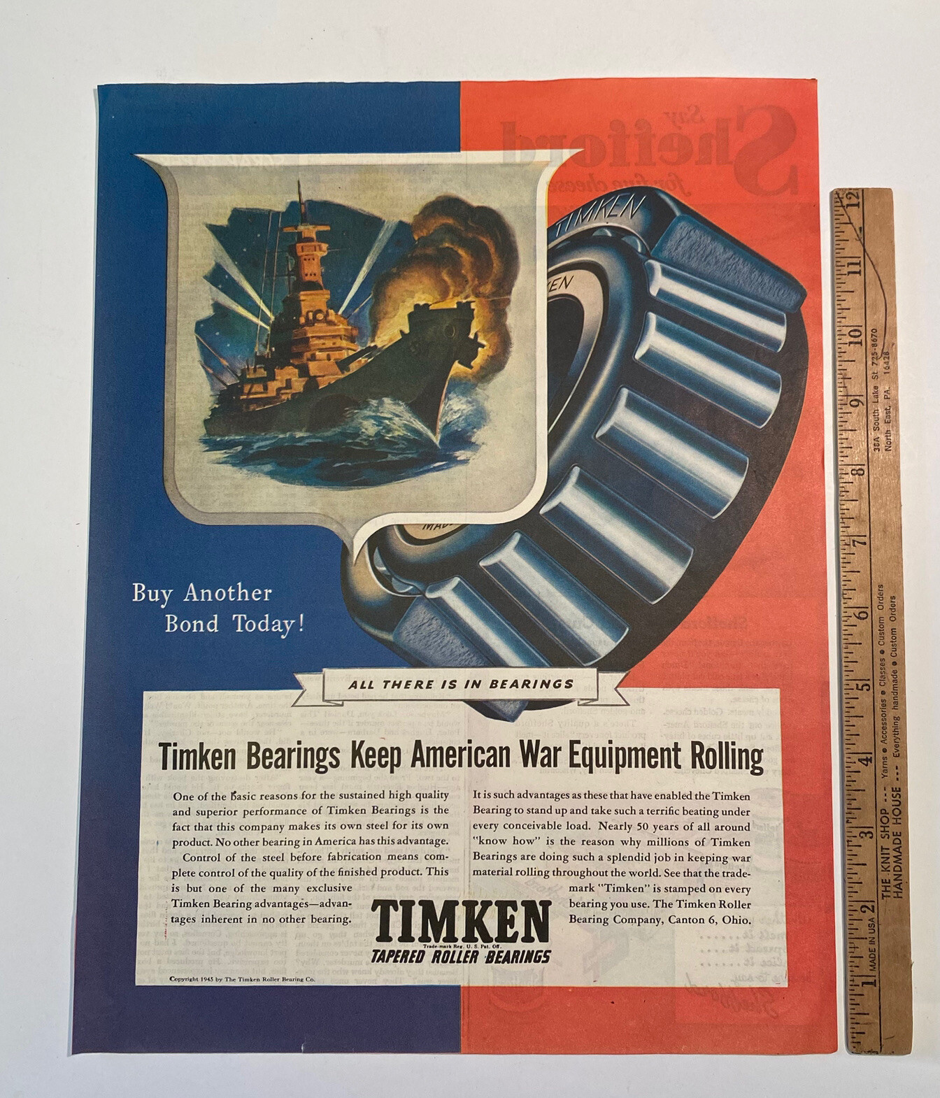 Print Ad Timken Bearings Battleship War Bond Vintage 1945 Ephemera 10.5 ...