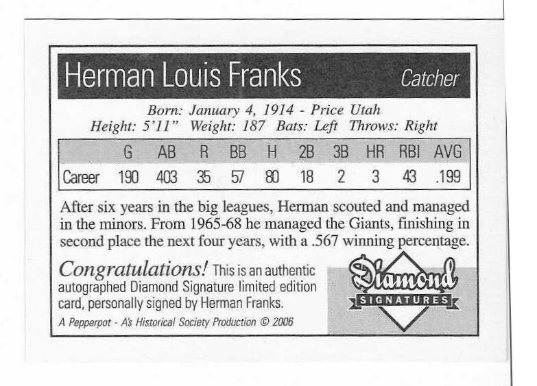 HERMAN FRANKS 2006 DIAMOND SIGNATURES AUTOGRAPHED SIGNED SAN FRANCISCO ...