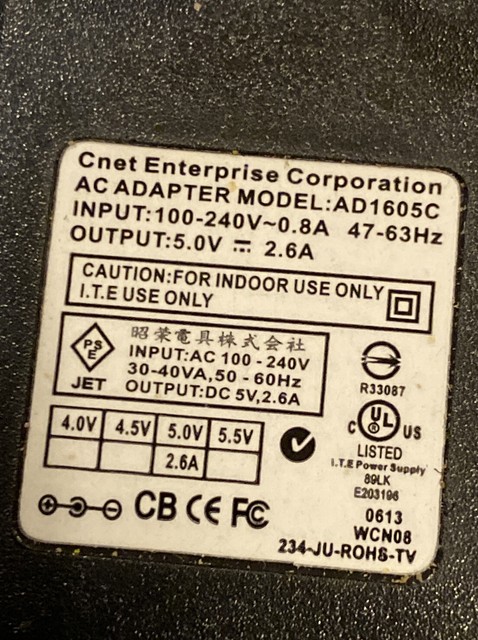 CNet Enterprise Power Supply AC DC Adapter AD1605C 100-240 Output 5v 2 ...
