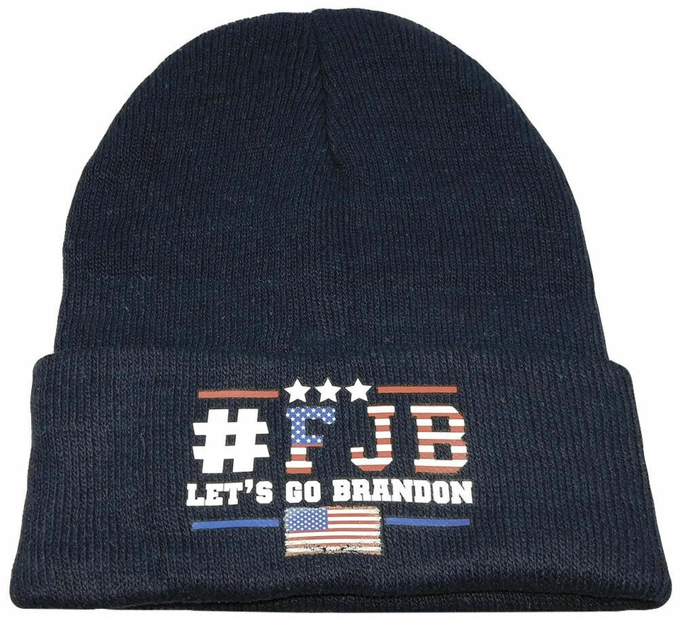#FJB Let's Go Brandon USA Navy Blue Poly Knitted Printed Beanie Skull ...