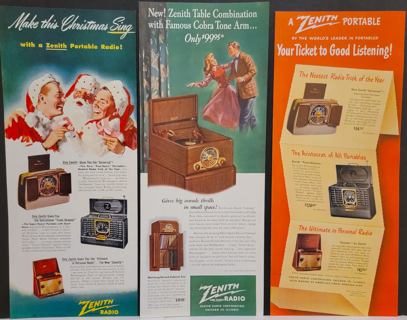3 1948 Zenith Print Ad Trans-Oceanic Radio Cobra Tone Arm Record Player ...