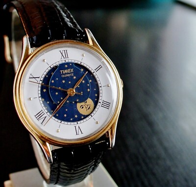 VINTAGE TIMEX M CELL ELEGANT MOON PHASE DIAL QUARTZ MEN'S GOLDEN BLK ...