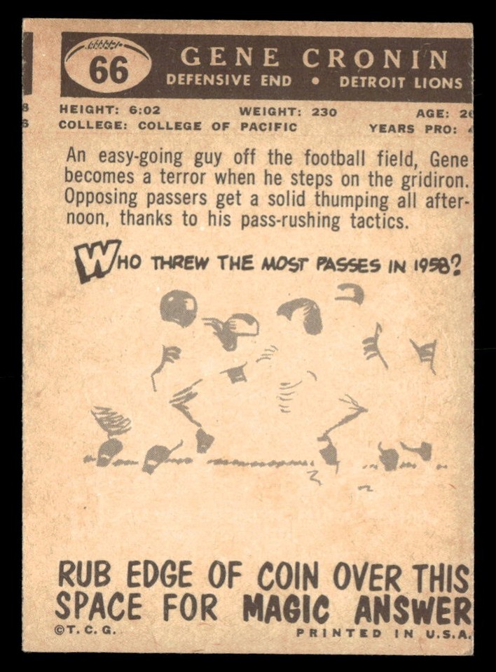 Gene Cronin 1959 Topps Rookie Card #66 Detroit Lions | eBay