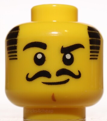 Lego Yellow Minifig Head Black Hair Eyebrows Eyes Moustache Raised ...