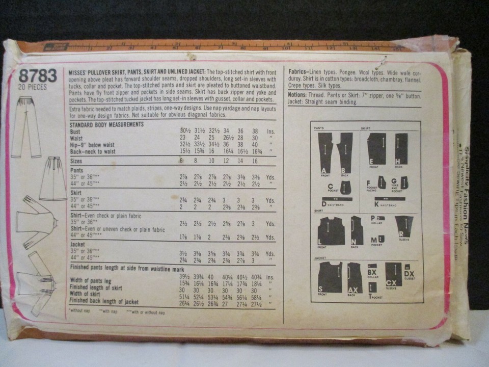 Simplicity Pattern 8783 Miss Size 12 Pullover Shirt Pants Skirt Unlined ...