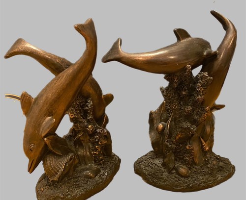 2 -TWO FIGURINE STATUES BRONZE COLORED DOLPHINS WITH CORAL REEF SEA ...