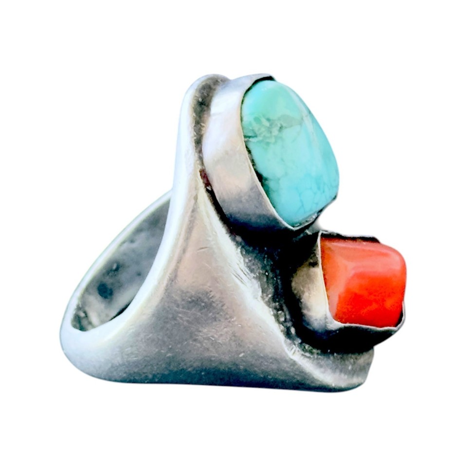 Vintage Native American, Sterling Silver, Turquoise, & Coral Ring | eBay
