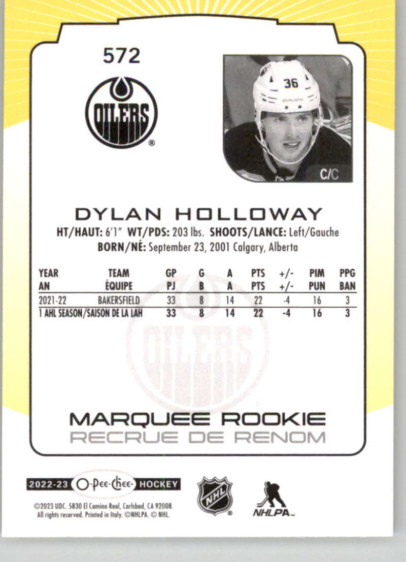 2022-23 O-Pee-Chee Yellow Border #572 Dylan Holloway RC Rookie Oilers ...