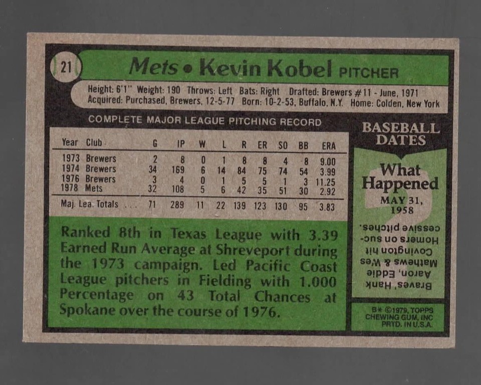 1979 Topps Kevin Kobel New York Mets #21 Excellent | eBay